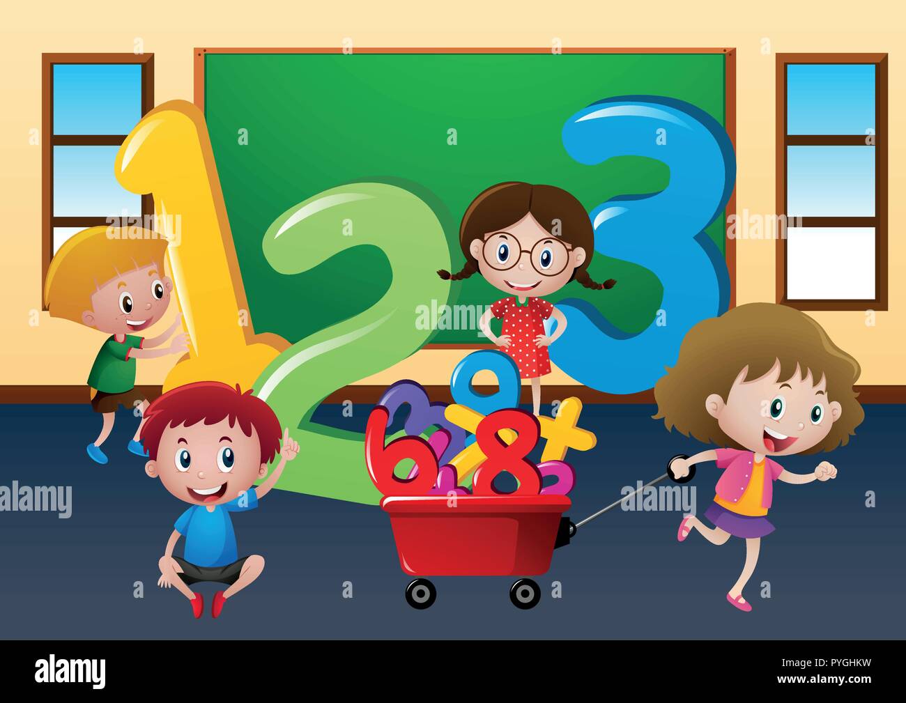 Happy children with large numbers in class illustration Stock Vector ...