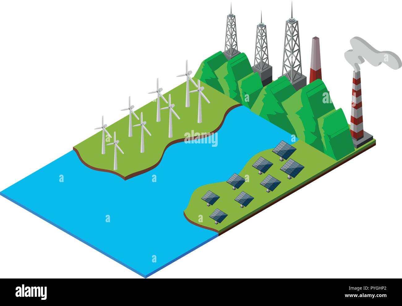 Wind Turbines And Solar Cell By The Stream Illustration Stock Vector
