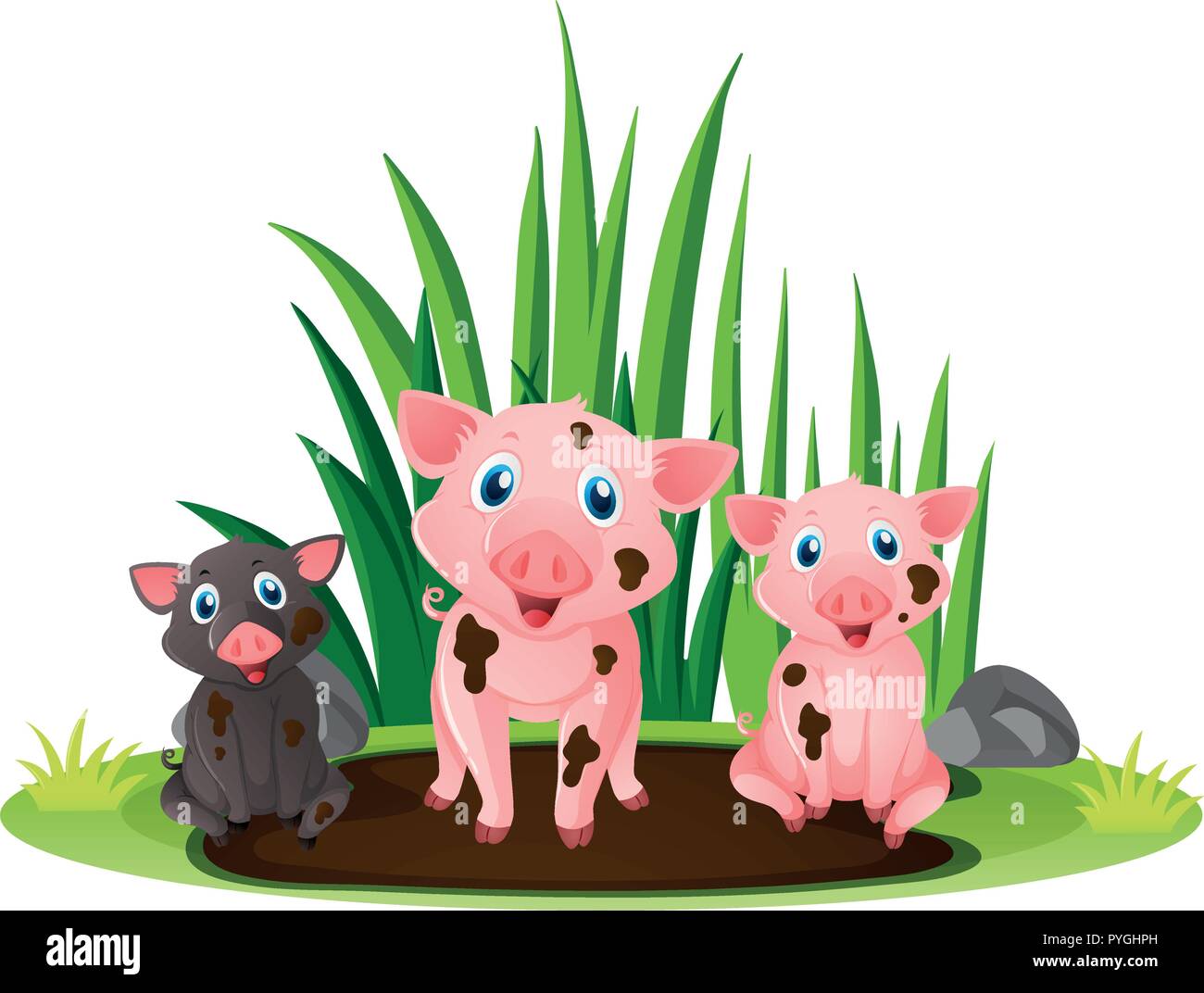 Three little pigs playing in muddy puddle illustration Stock Vector ...