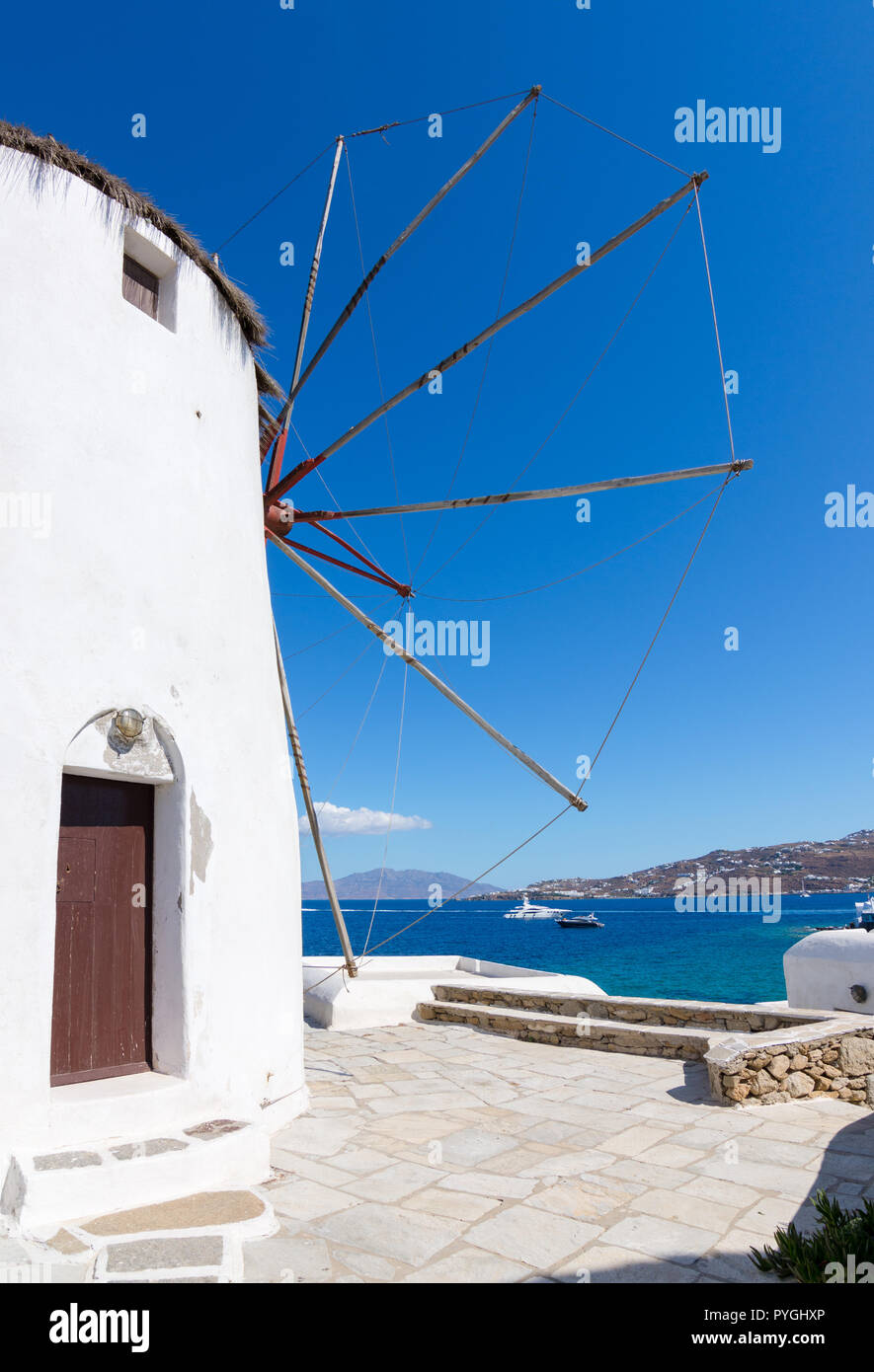 Traditional greek windmills on Mykonos island, Cyclades, Greece Stock ...