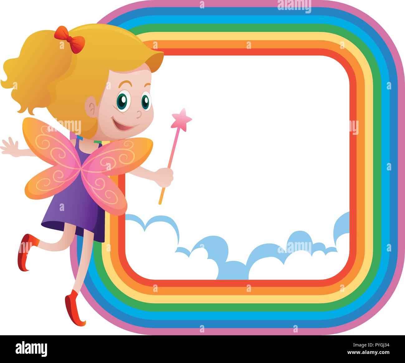 Frame template with fairy flying on the rainbow illustration Stock ...
