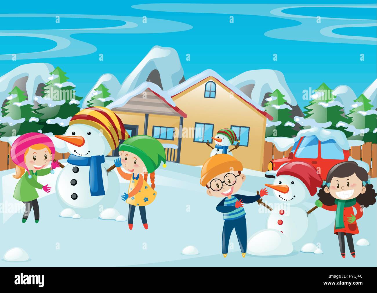Happy kids playing in winter illustration Stock Vector Image & Art - Alamy