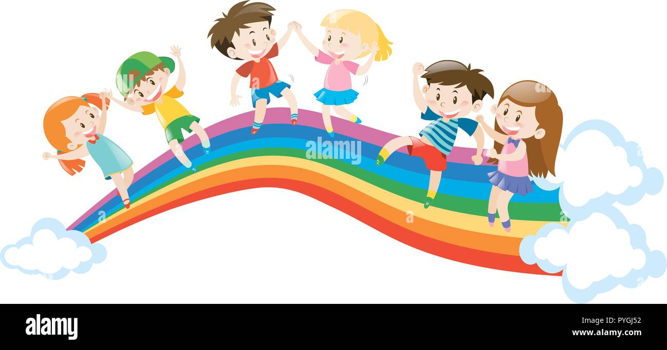 Children dancing on rainbow illustration Stock Vector Image & Art - Alamy