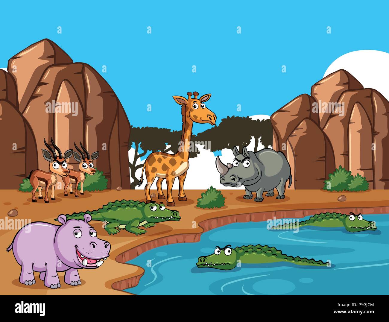 Many wild animals by pond illustration Stock Vector Image & Art - Alamy
