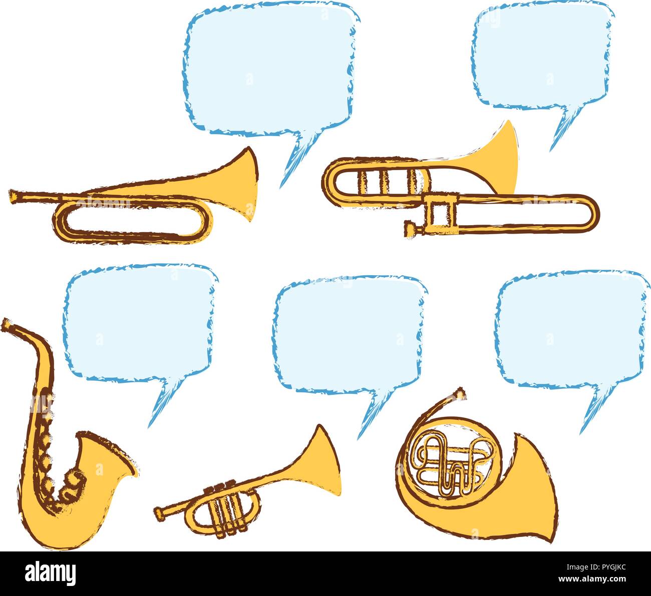 Different musical instruments with bubble speech illustration Stock ...
