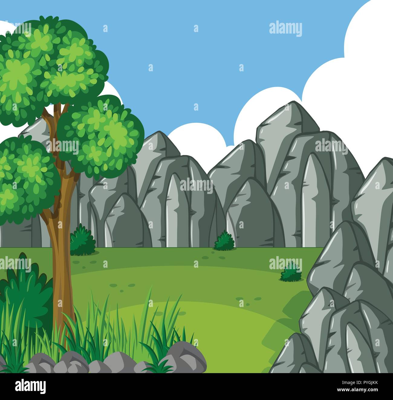 Background scene with green field and rocky mountains illustration ...