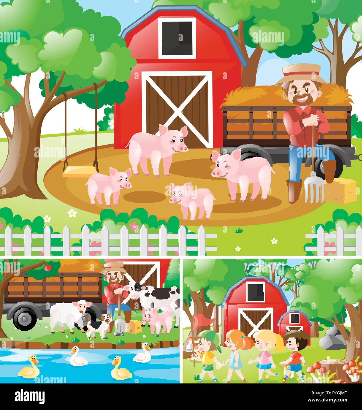 Three scenes of farmer working in the farm illustration Stock Vector ...
