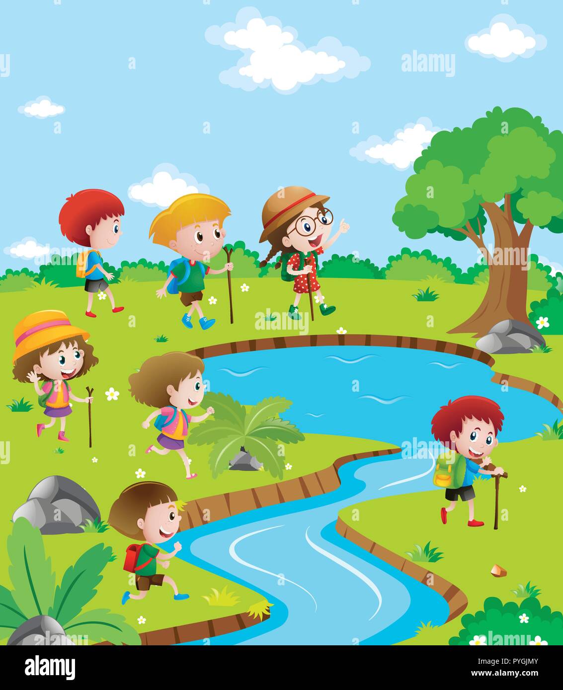 Children hiking up the river illustration Stock Vector Image & Art - Alamy