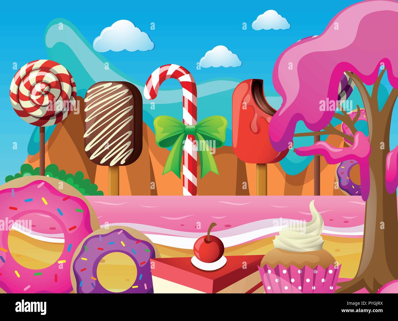 Scene with icecream and desserts on the beach illustration Stock Vector ...