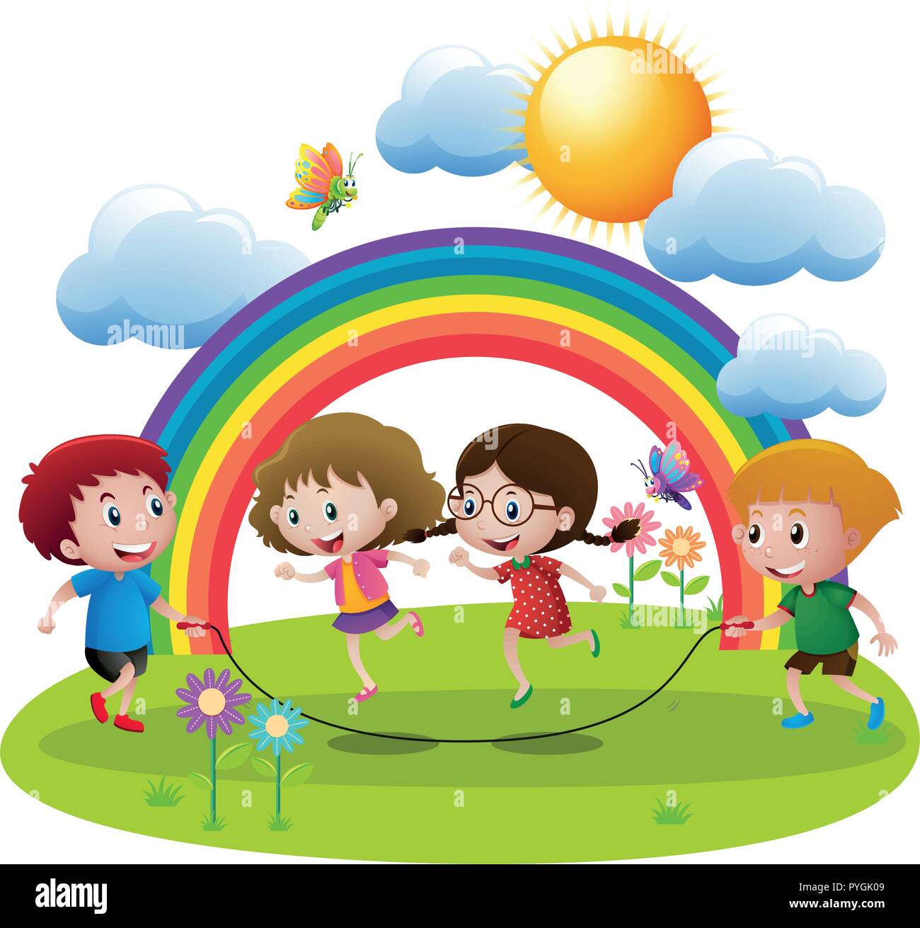 Four kids jumping rope in the garden illustration Stock Vector Image ...