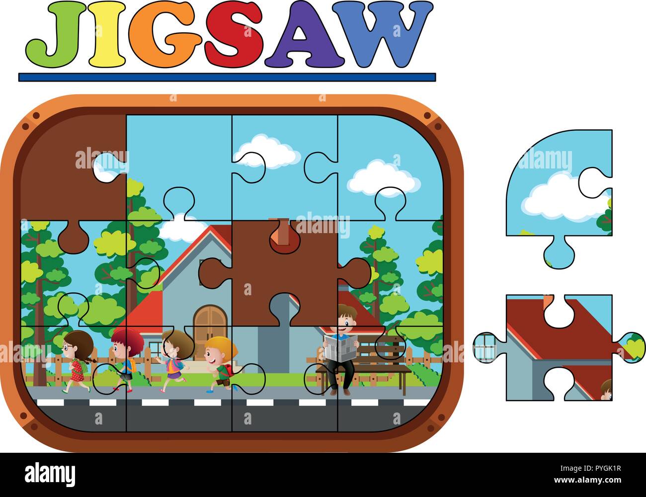 Jigsaw puzzle game with kids running illustration Stock Vector Image ...