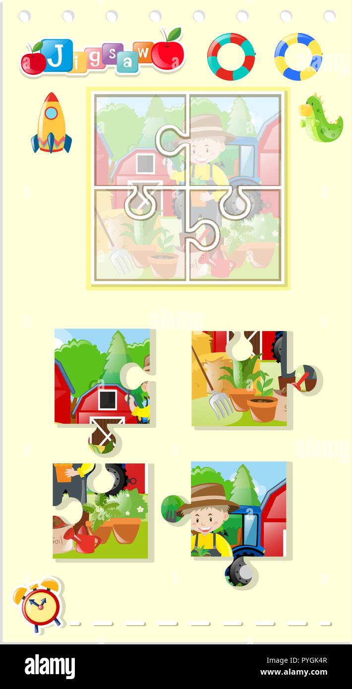 Jigsaw puzzle pieces of farmer in the farm illustration Stock Vector ...