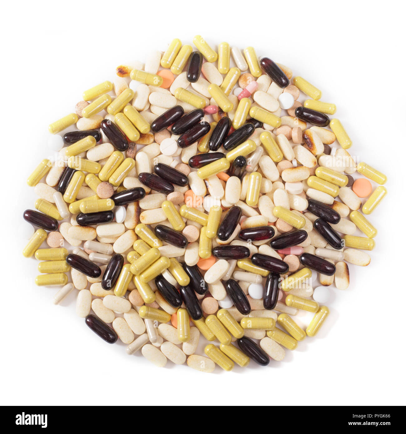 Many different colorful medication and pills from above isolated on ...