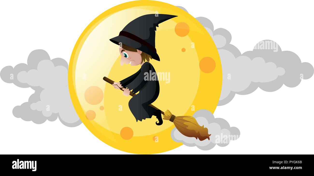 Witch flying on broom over the moon illustration Stock Vector Image ...