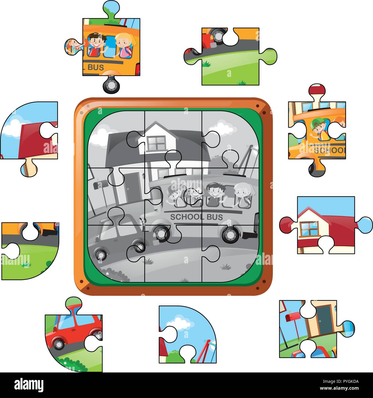 Jigsaw puzzle game with kids on school bus illustration Stock Vector ...