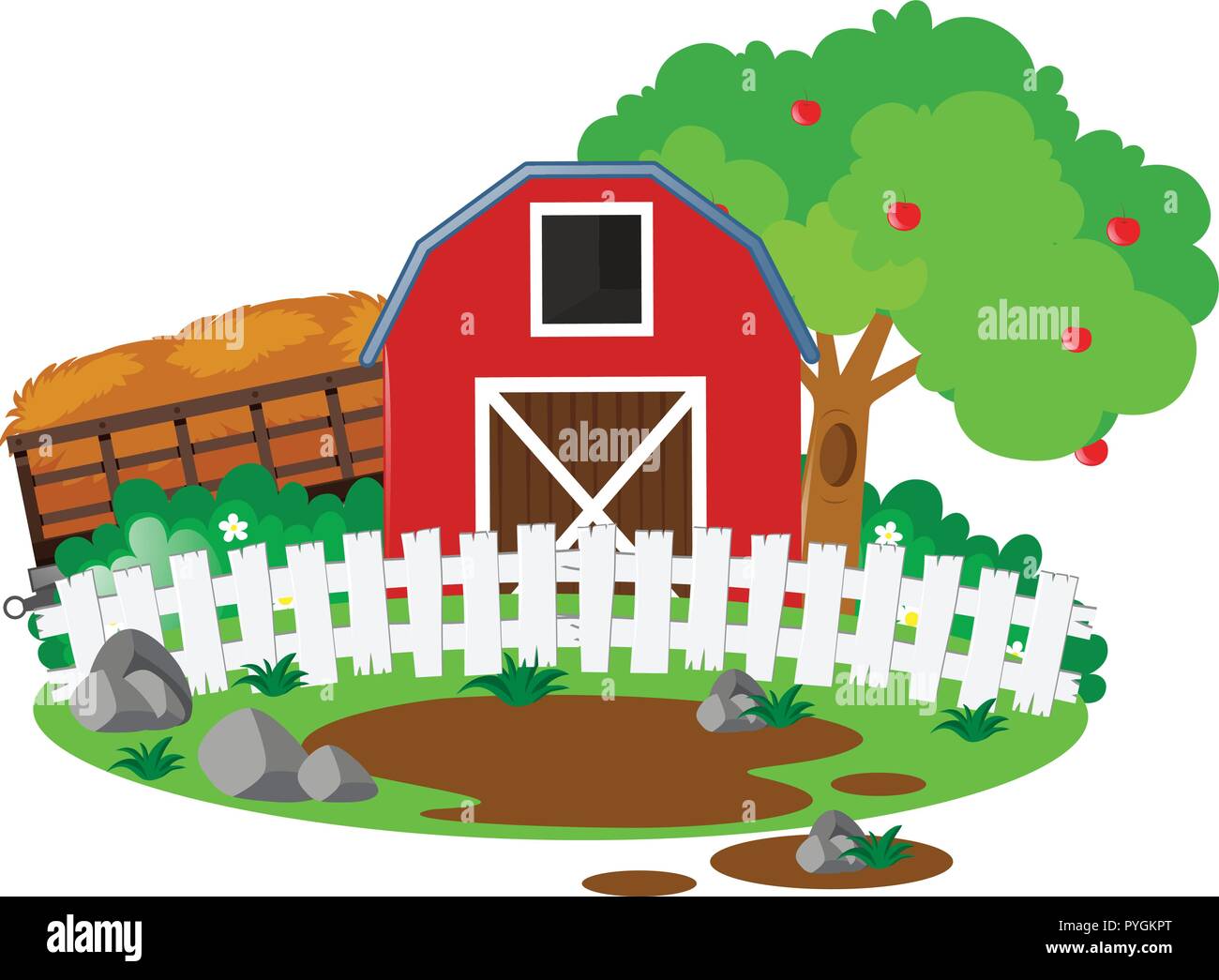Farm scene with barn and apple tree illustration Stock Vector Image ...