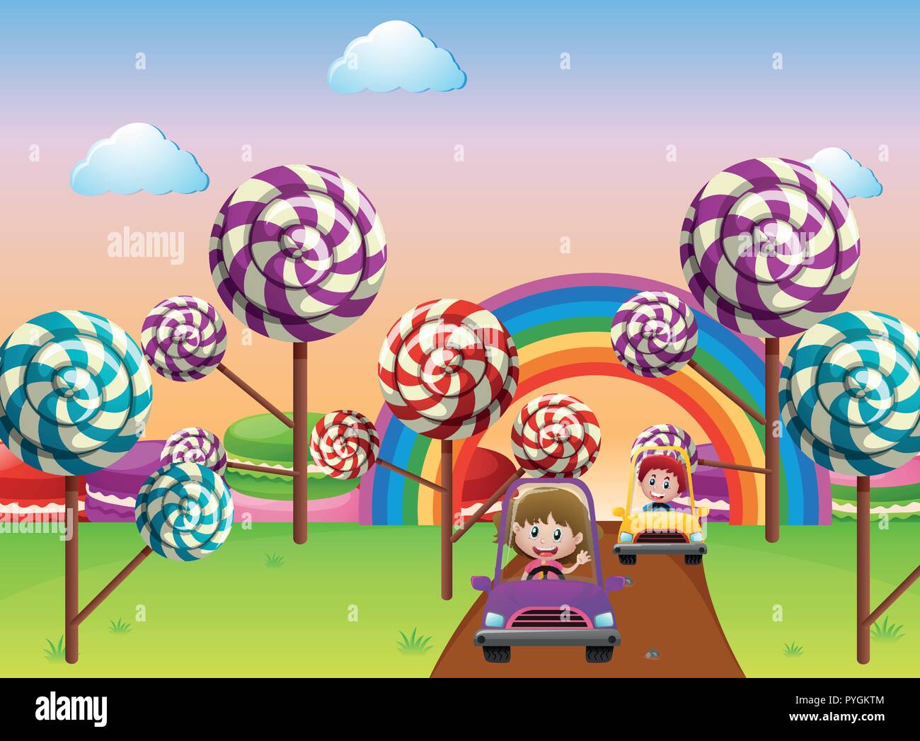 Kids driving car in the wonderland illustration Stock Vector Image ...