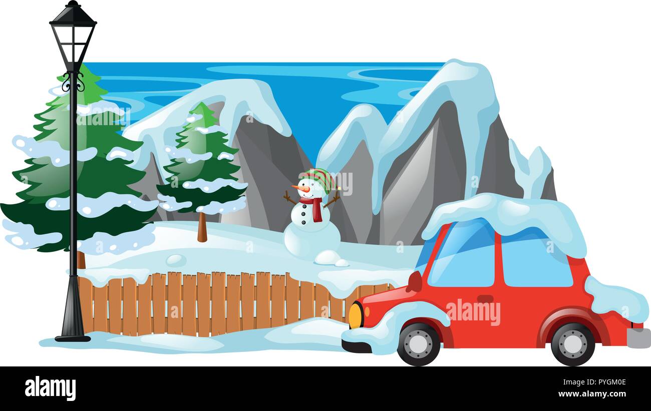 Winter scene with snowman and car illustration Stock Vector Image & Art ...