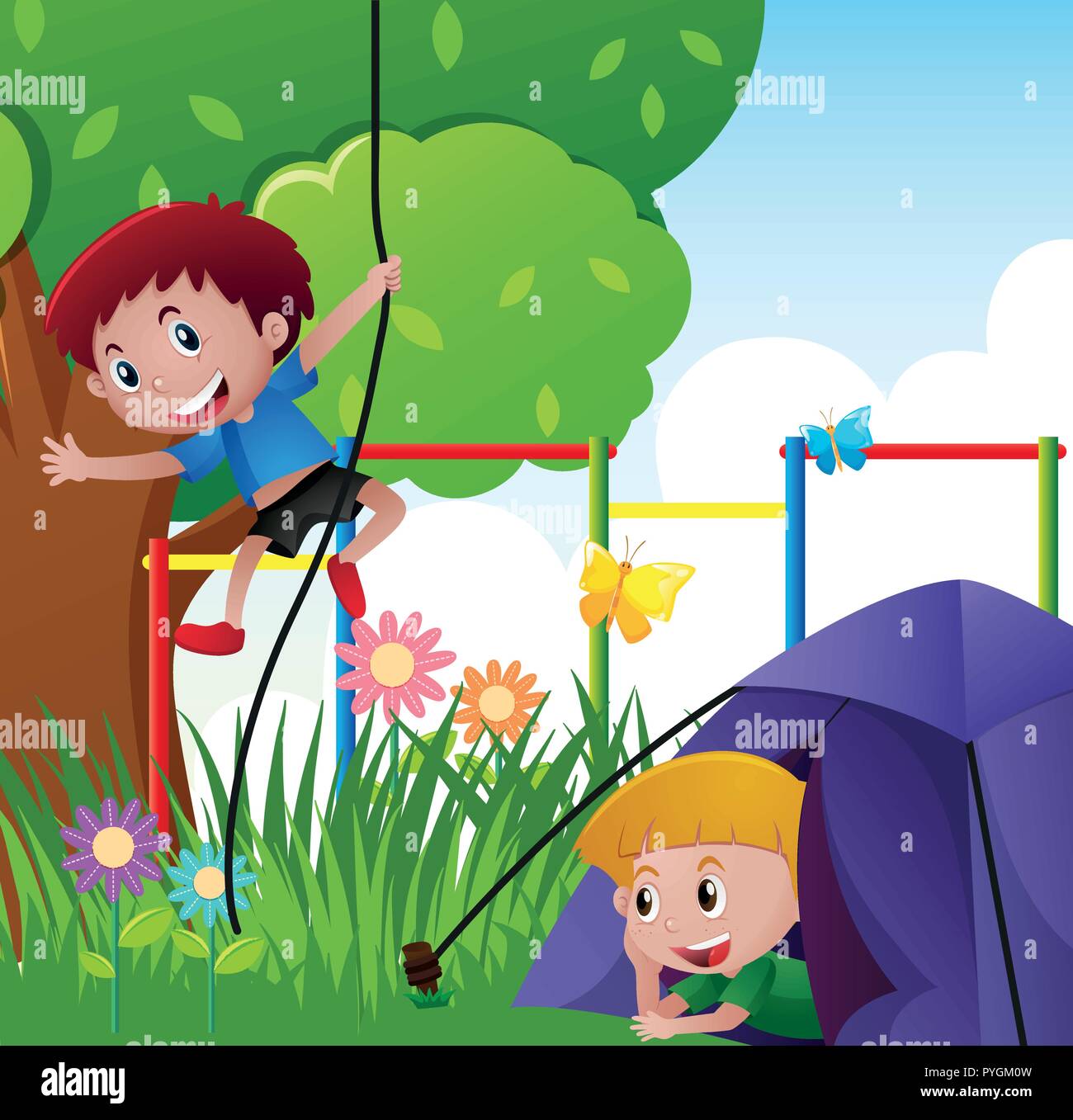Boy climbing rope and boy in the tent illustration Stock Vector Image ...
