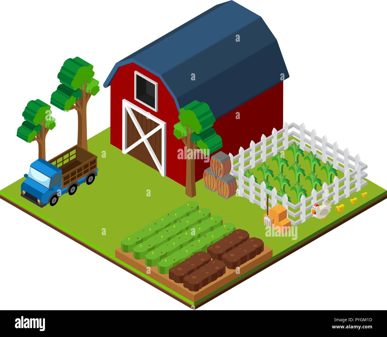 Farm scene with barn and crops in 3D design illustration Stock Vector ...