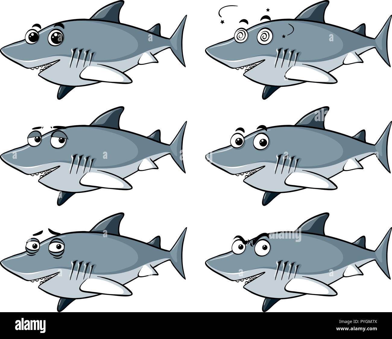 Great white shark with six different emotions illustration Stock Vector ...