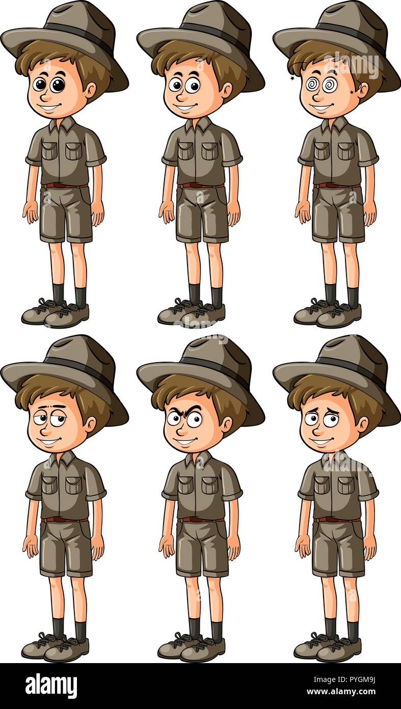 Man in safari outfit with different expressions illustration Stock ...