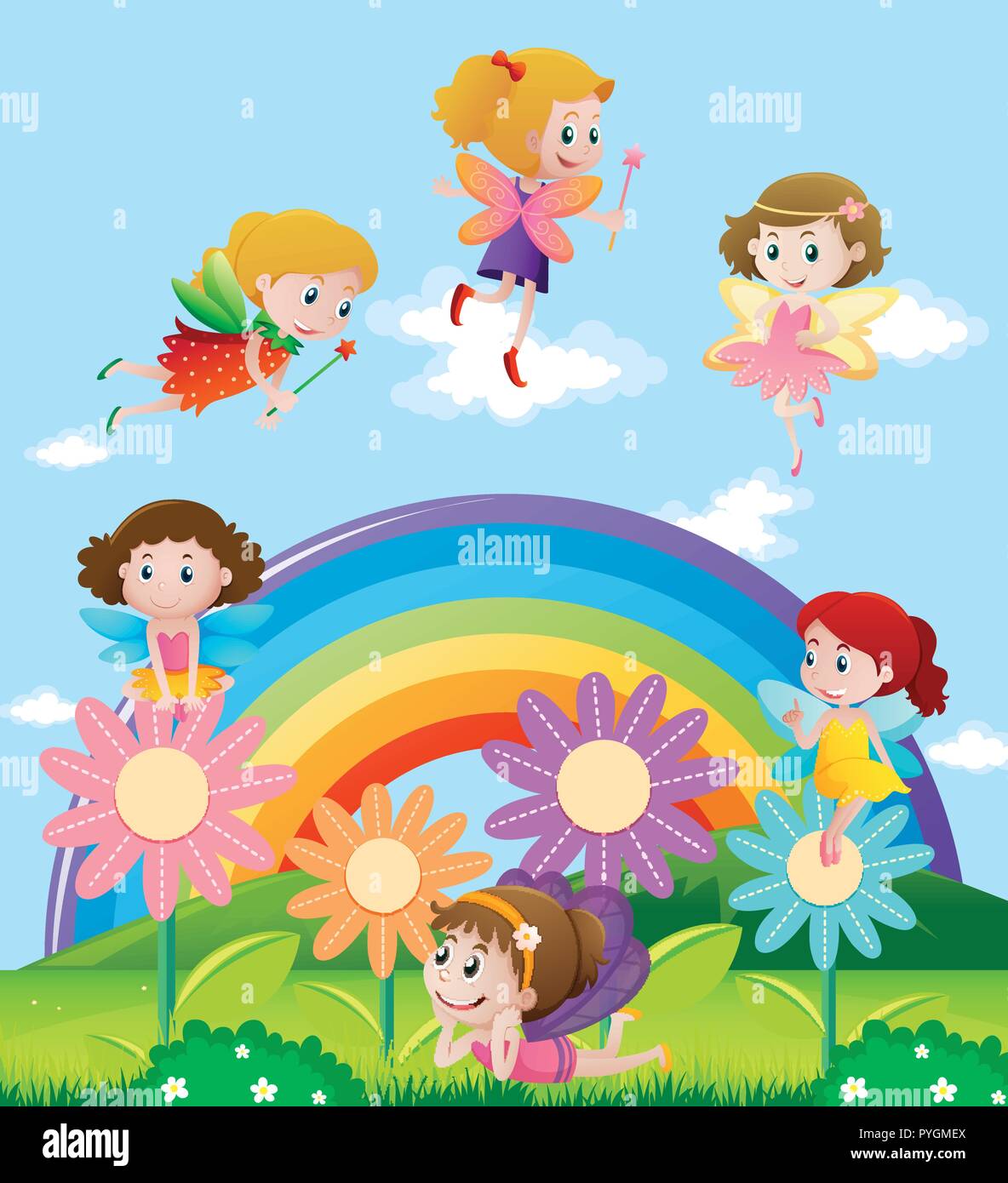 Fairies flying over the rainbow illustration Stock Vector Image & Art ...