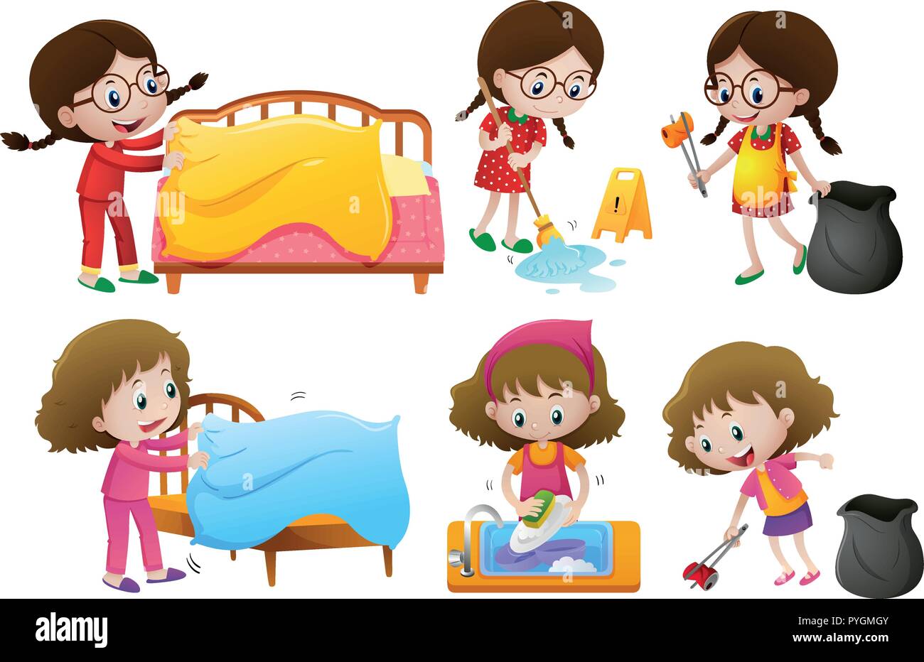 Girls doing different chores illustration Stock Vector Image & Art - Alamy