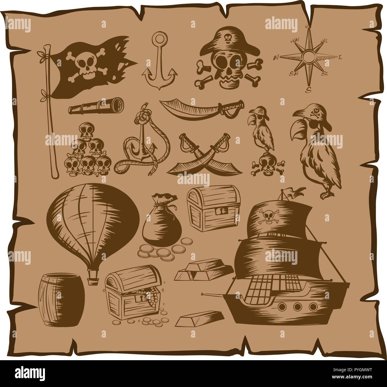 Pirate symbols and other elements on map illustration Stock Vector ...