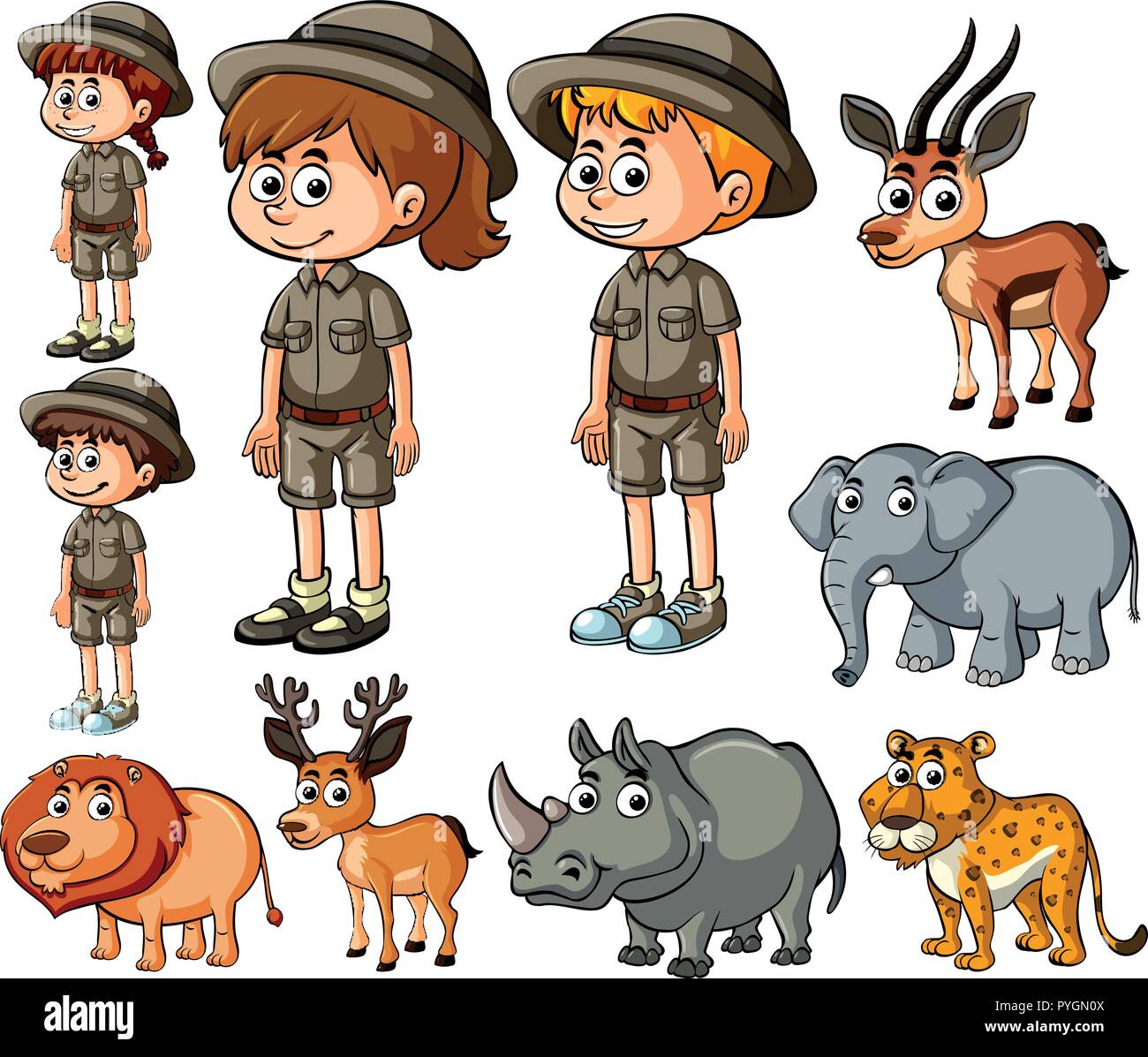 Children in safari outfit and many wild animals illustration Stock ...