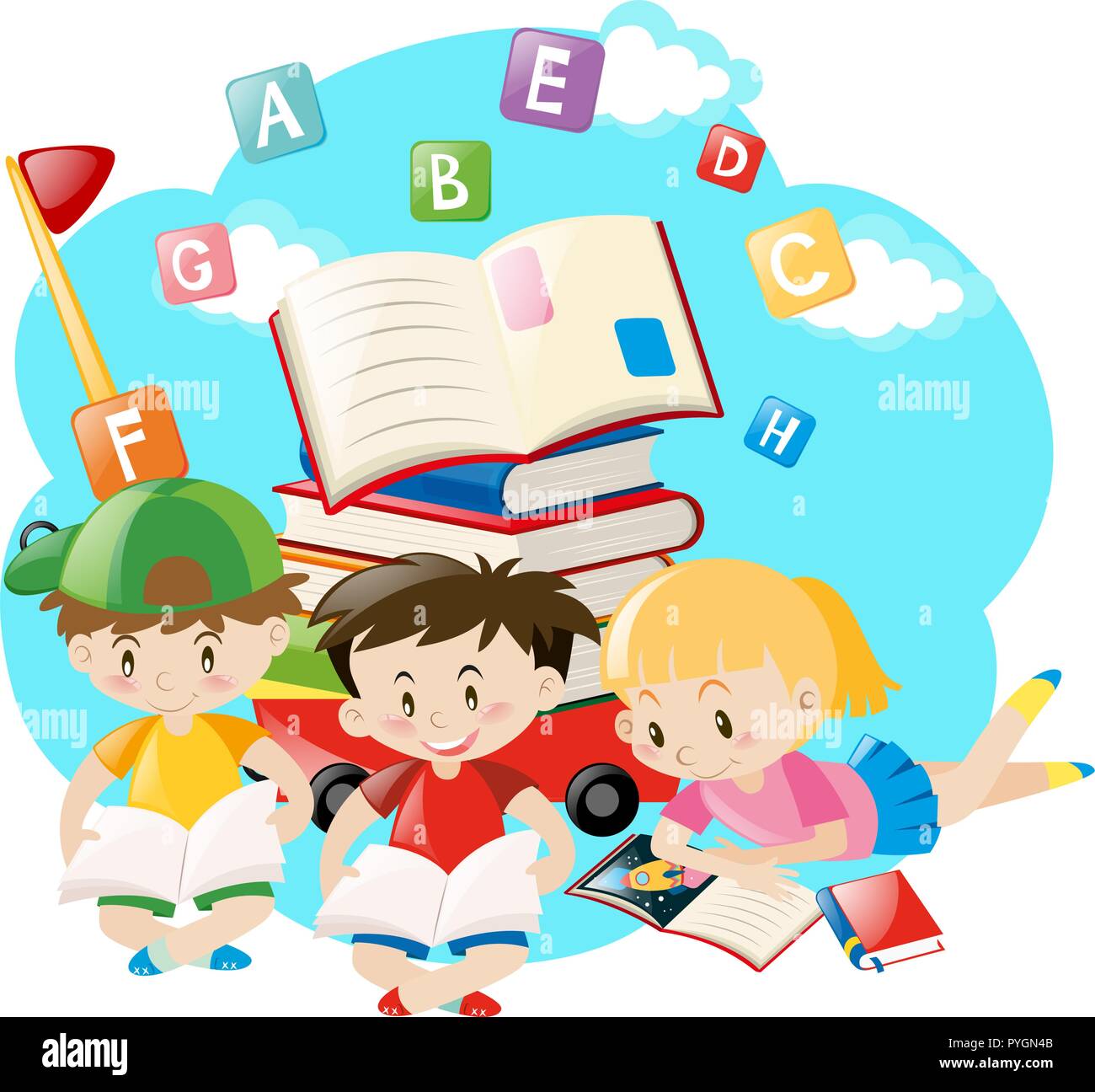 Three kids reading books illustration Stock Vector Image & Art - Alamy