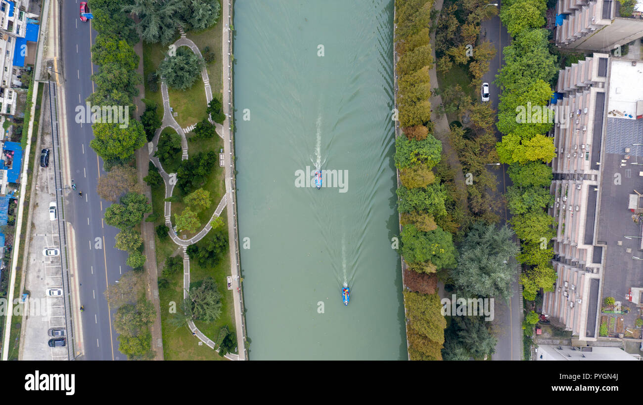 Small fishing boats on the Fuhe or Jinjang River in Chengdu, China ...