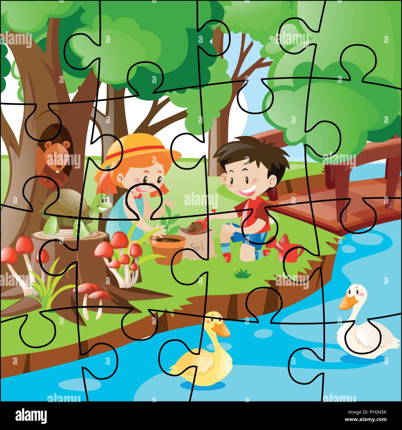 Jigsaw puzzle with kids planting trees illustration Stock Vector Image ...