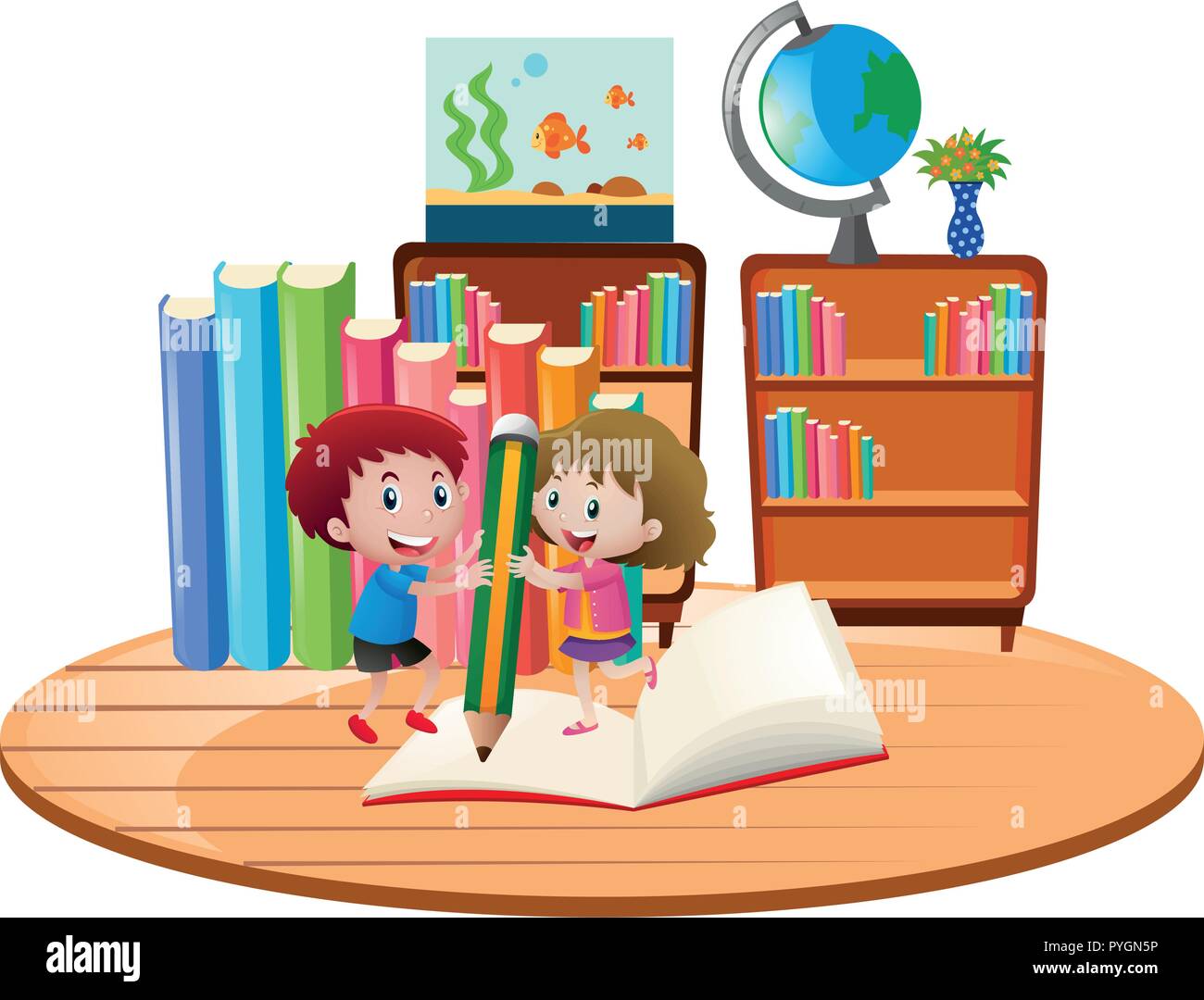 Educational theme with kids writing on book illustration Stock Vector ...