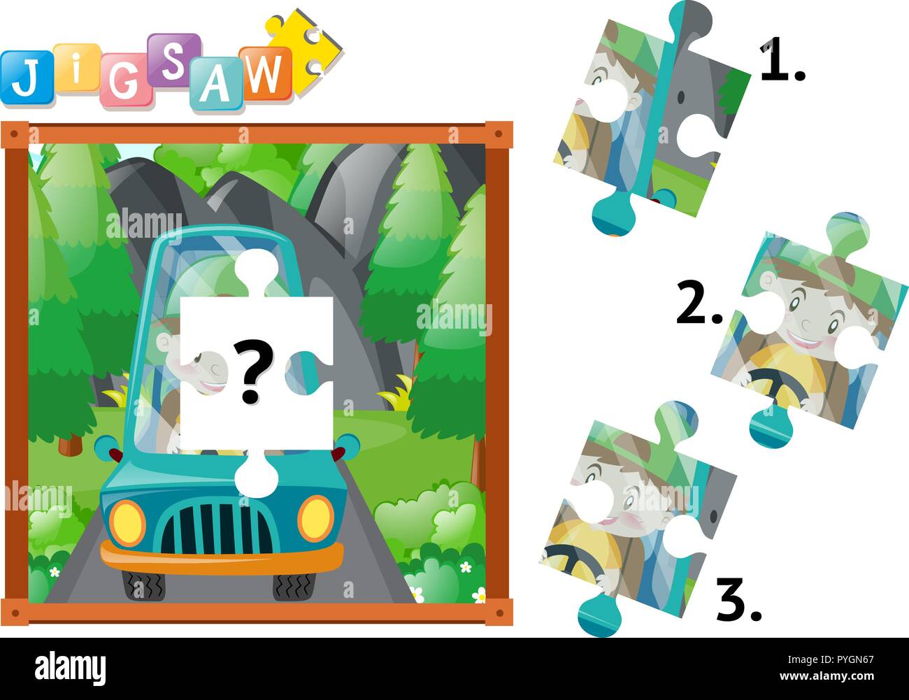 Jigsaw puzzle game with boy driving car illustration Stock Vector Image ...