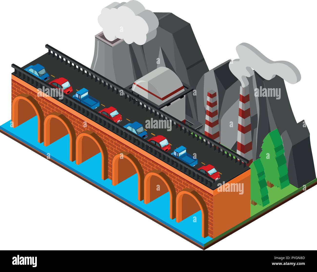 Cars on bridge across the river illustration Stock Vector Image & Art ...
