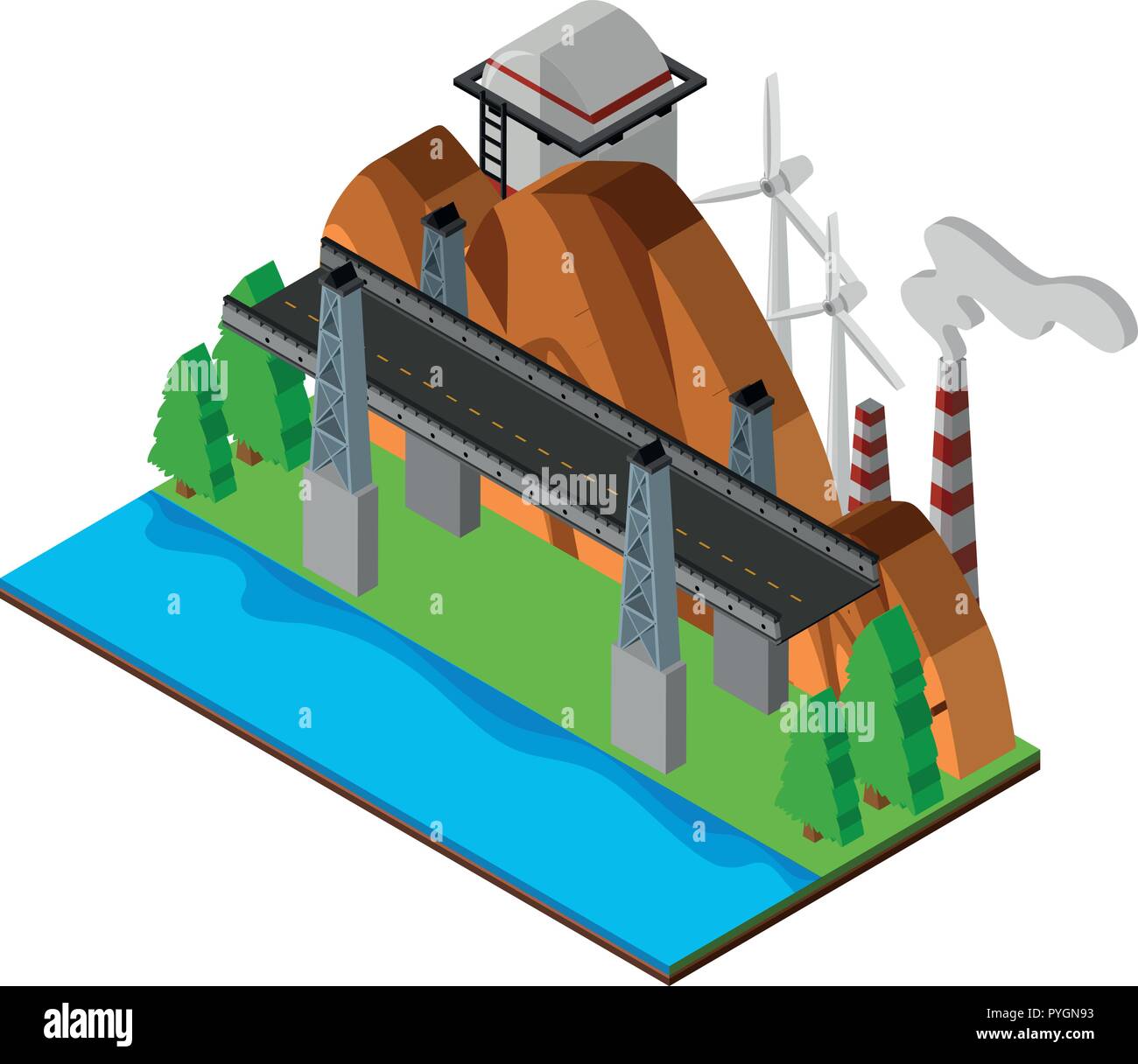 Bridge and wind turbines by the mountains illustration Stock Vector ...