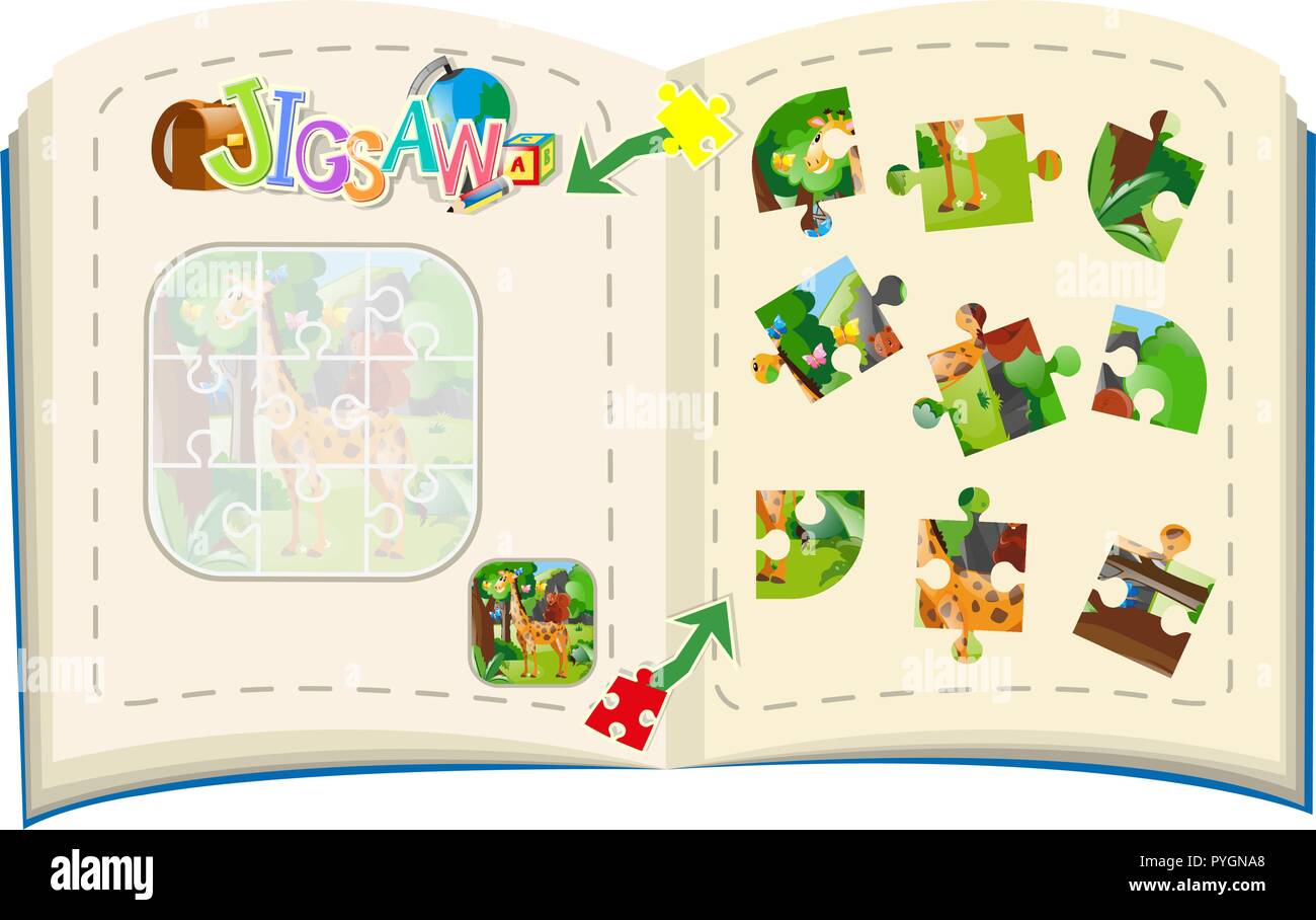 Jigsaw puzzle game with giraffe in zoo illustration Stock Vector Image ...