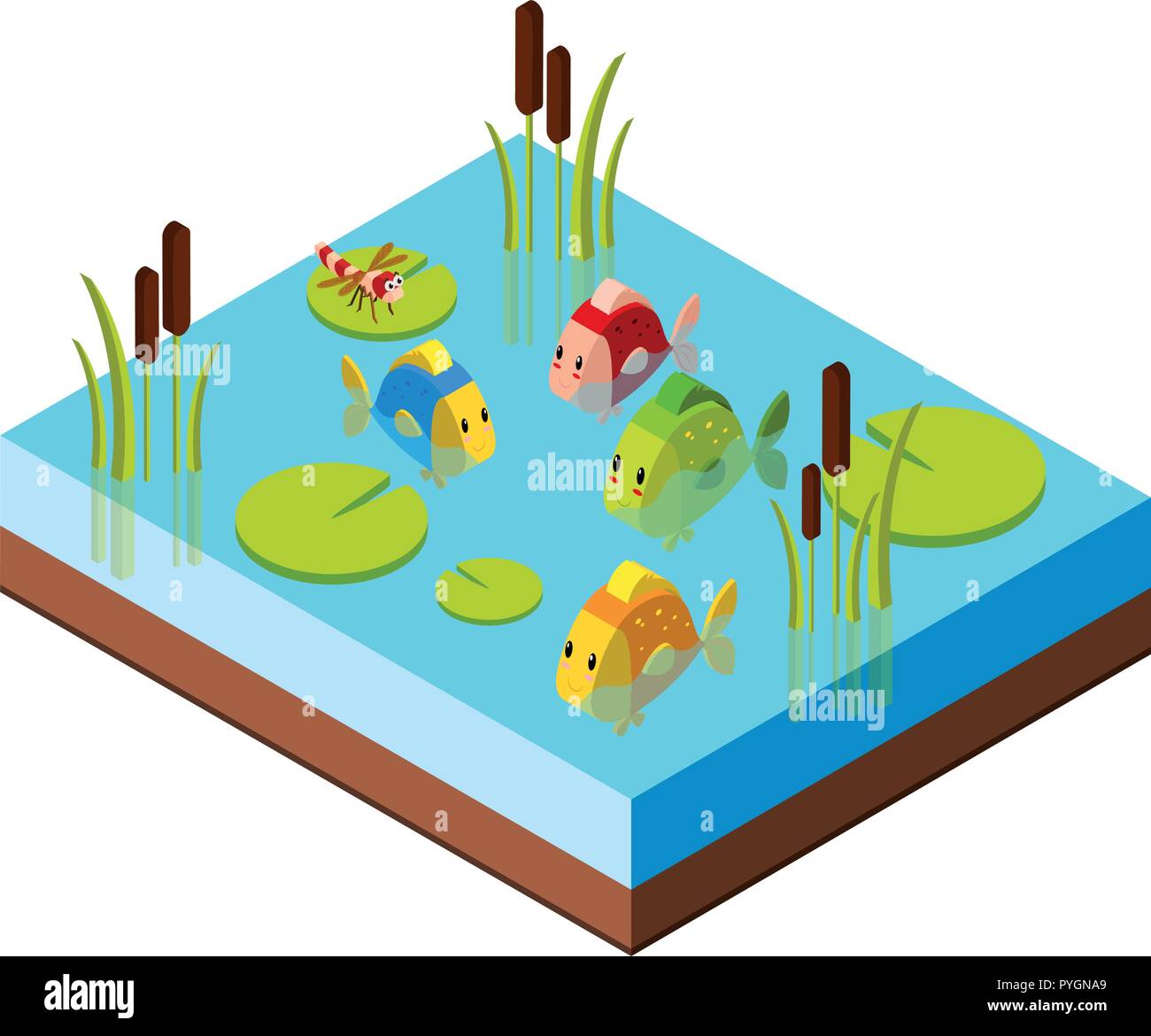 3D design for pond scene with fish and dragonfly illustration Stock ...