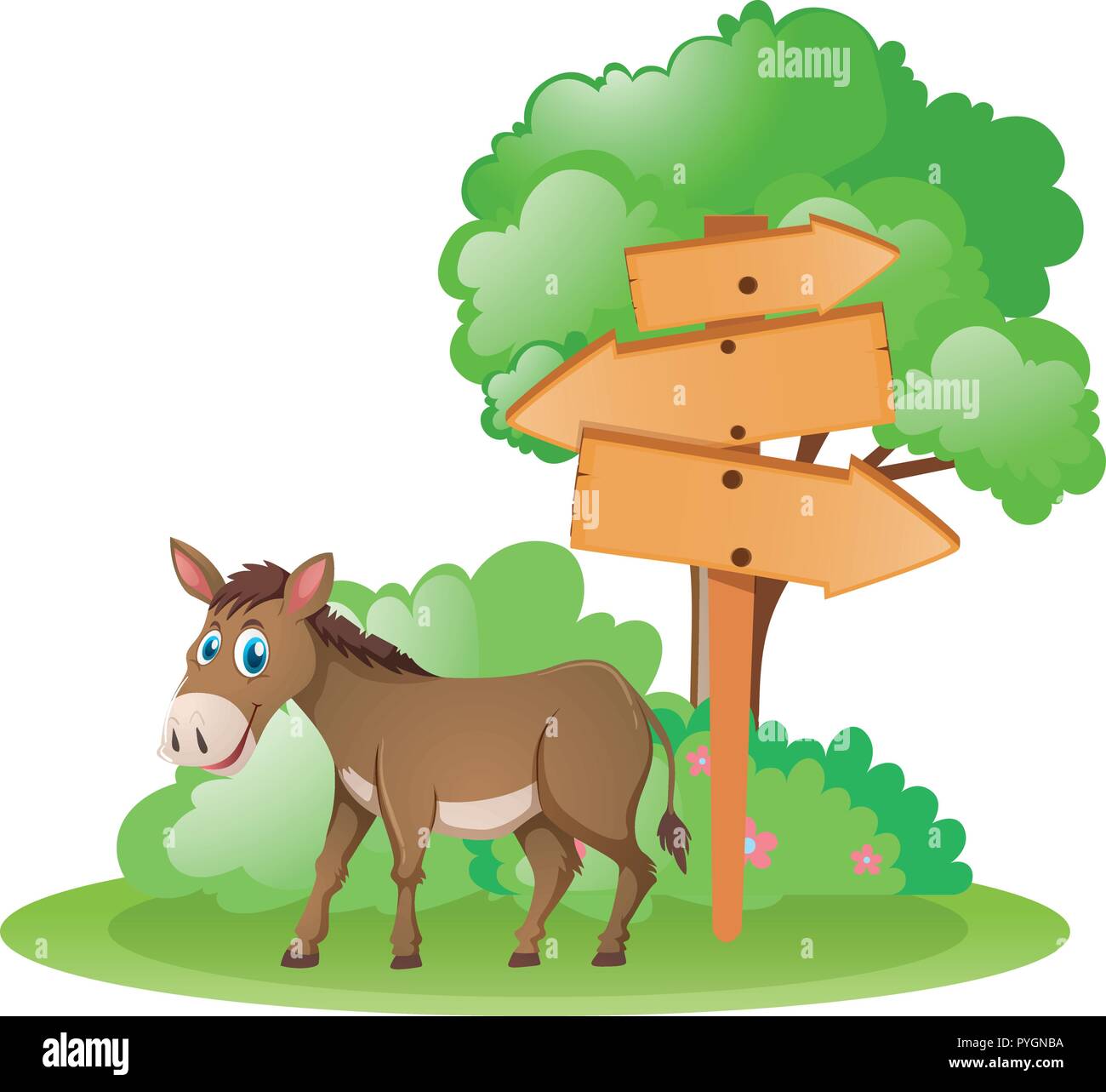 Wooden signs and donkey by the tree illustration Stock Vector Image ...
