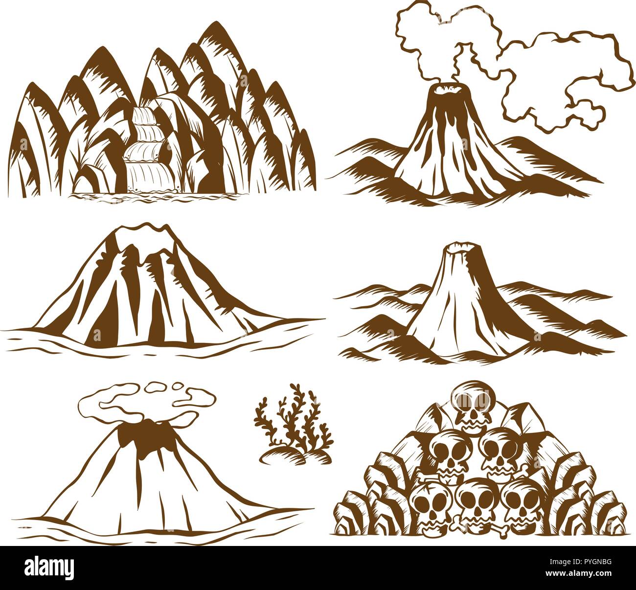 Mountains and volcano on white background illustration Stock Vector ...