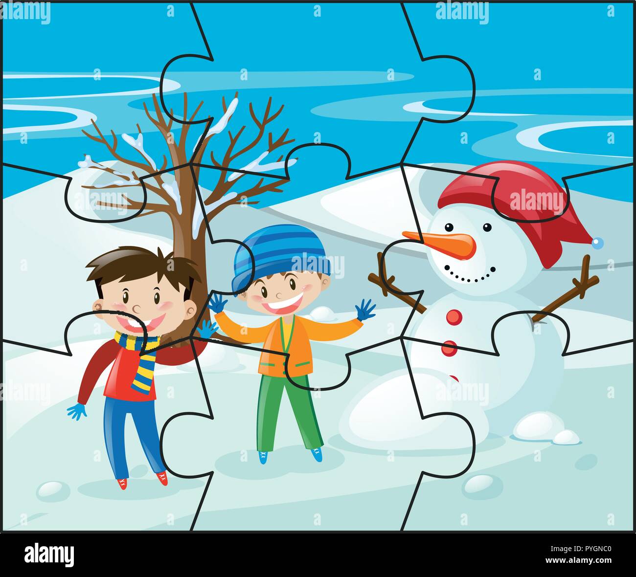 Jigsaw puzzle game with kids and snowman illustration Stock Vector ...