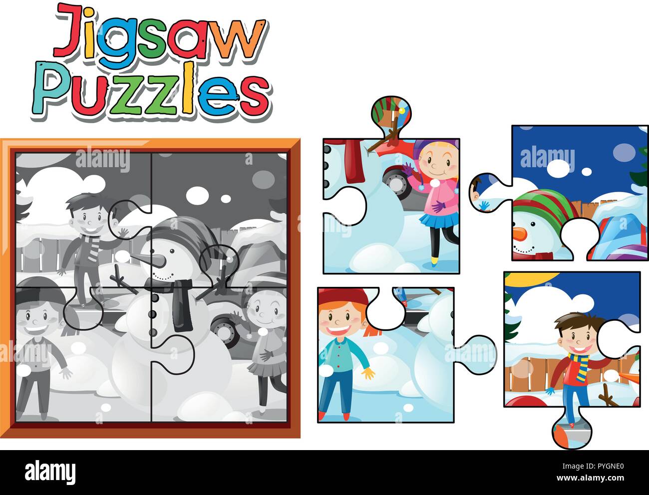 Jigsaw puzzle pieces of kids playing with snowman illustration Stock ...