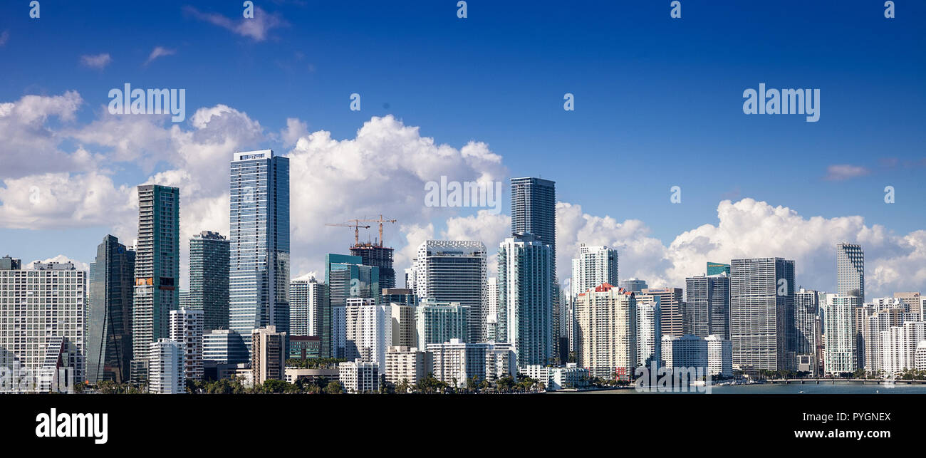 Skyline of Miami, Florida along the highway in the thick of the city ...