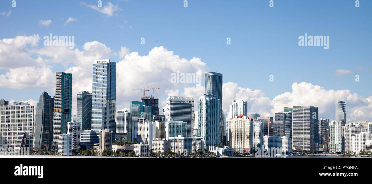 Skyline of Miami, Florida along the highway in the thick of the city ...