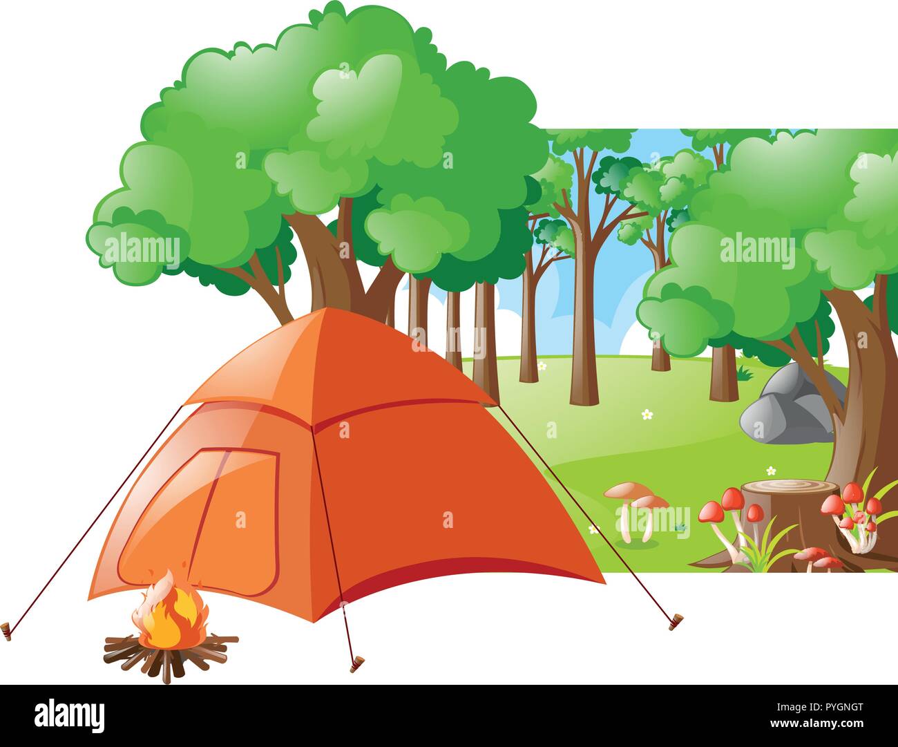 Forest scene with tent and campfire illustration Stock Vector Image ...