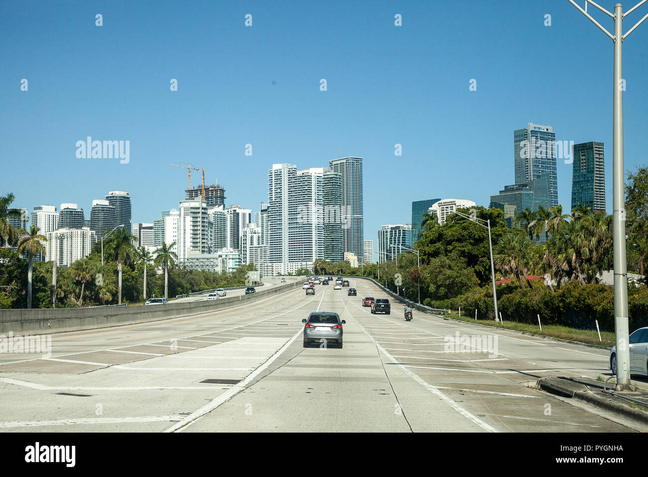 Highway along Skyline of Miami, Florida in the thick of the city with ...