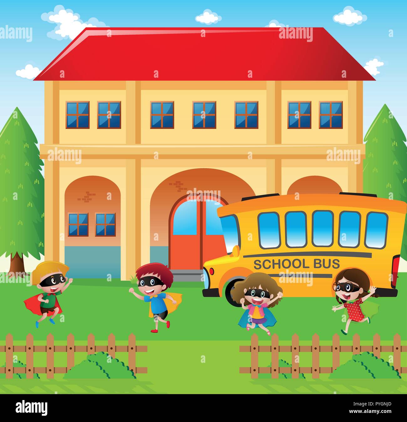 School scene with students and bus illustration Stock Vector Image ...