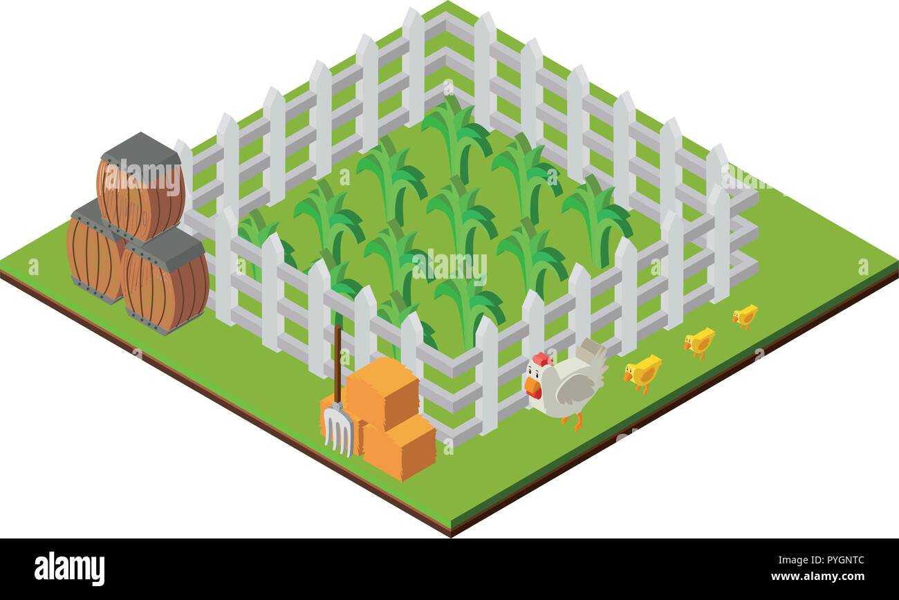 3D design for farm scene with crops and chickens illustration Stock ...