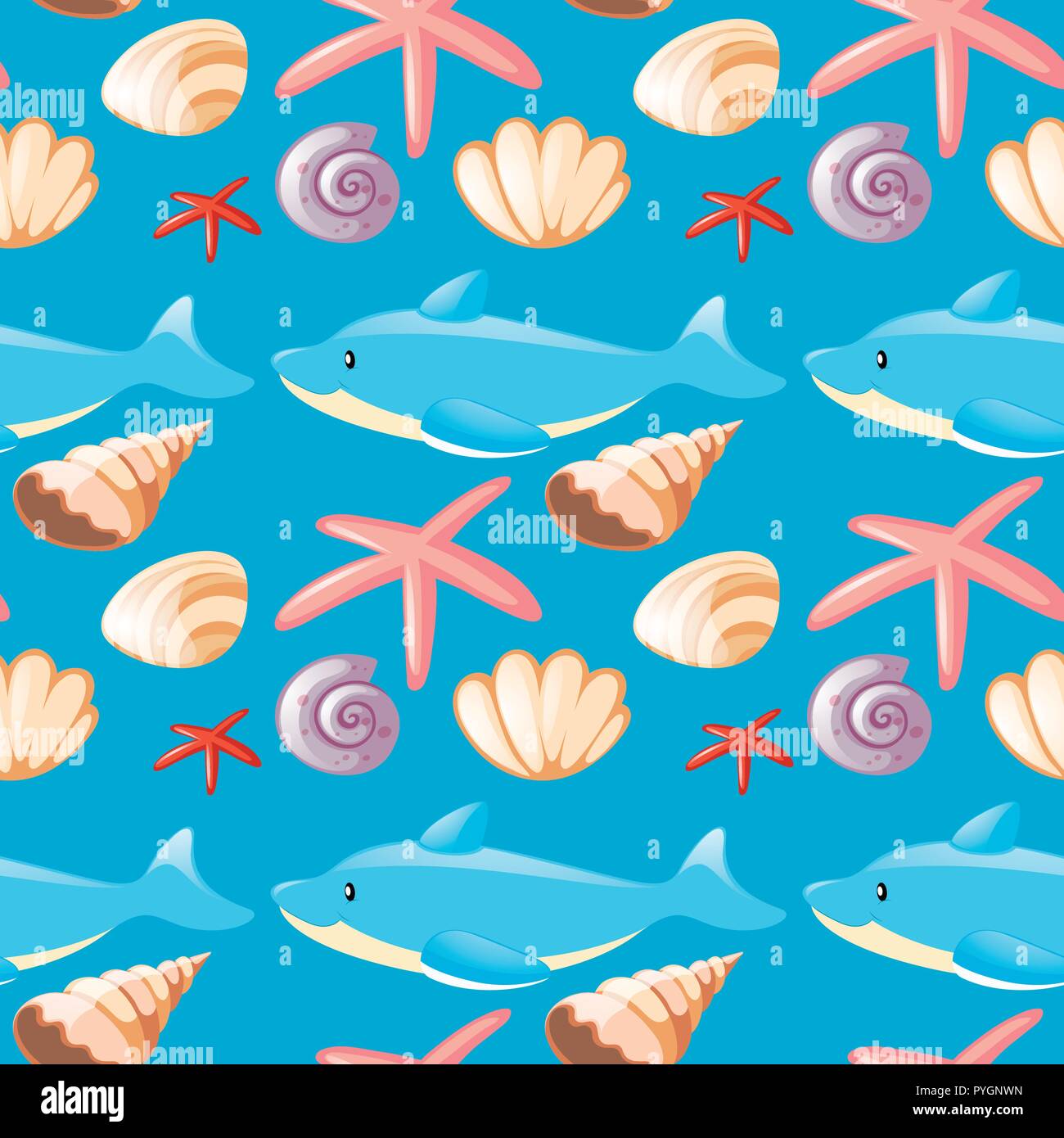 Seamless background with dolphin and seashells illustration Stock ...